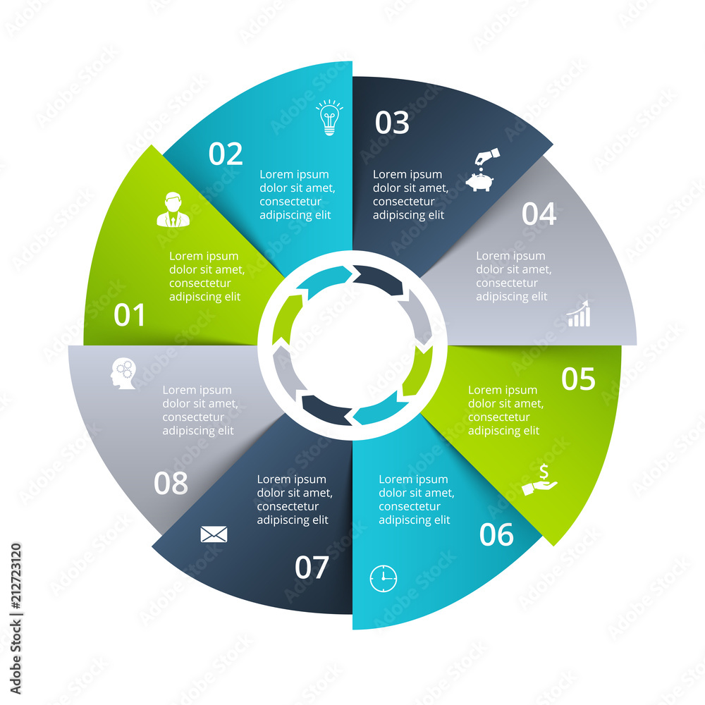 Circle diagram divided into 8 parts, steps or options. Vector origami ...