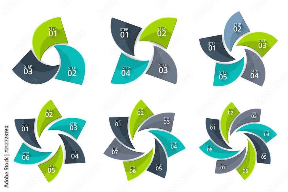 Business chart infographic set with 3, 4, 5, 6, 7 and 8 options ...