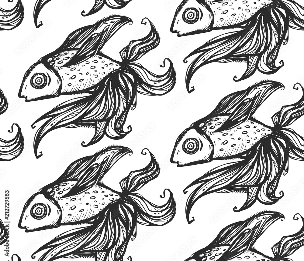 Seamless texture with black golden fish. Repeating background. Tile ...
