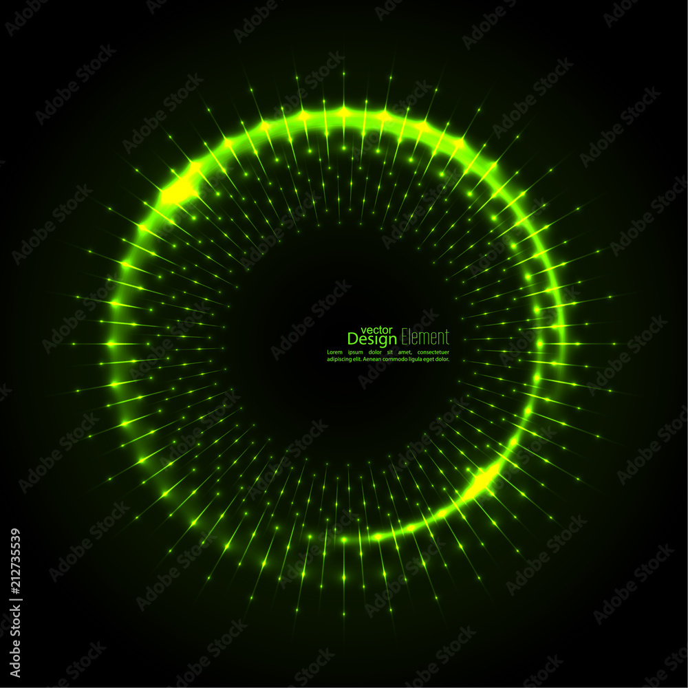 Abstract techno background with spirals and rays with glowing particles ...