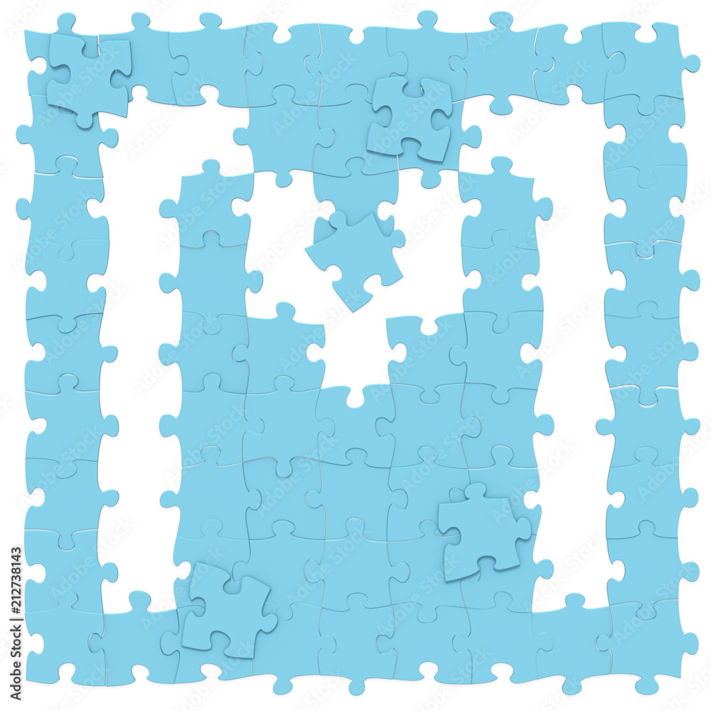 Jigsaw puzzles blue color assembled like capital letter M on white ...