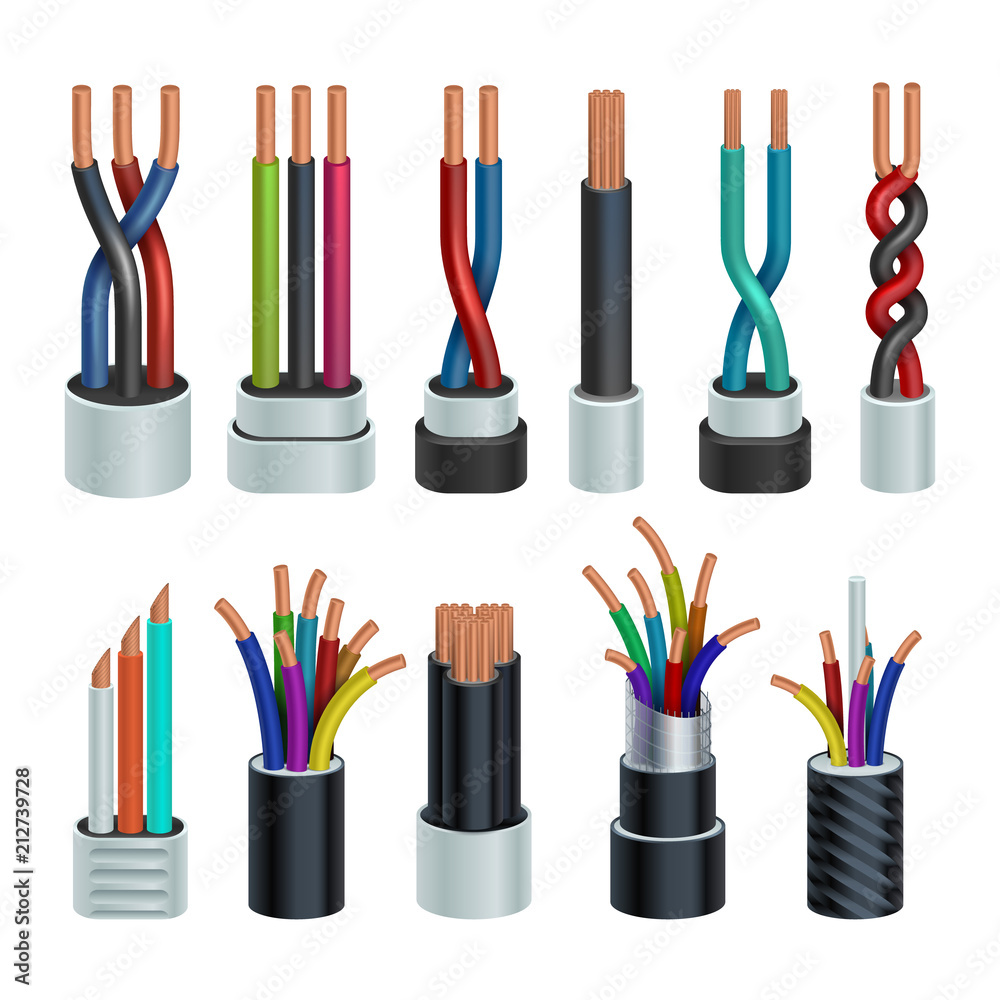 Realistic electric industrial cables, electrical copper wires vector ...