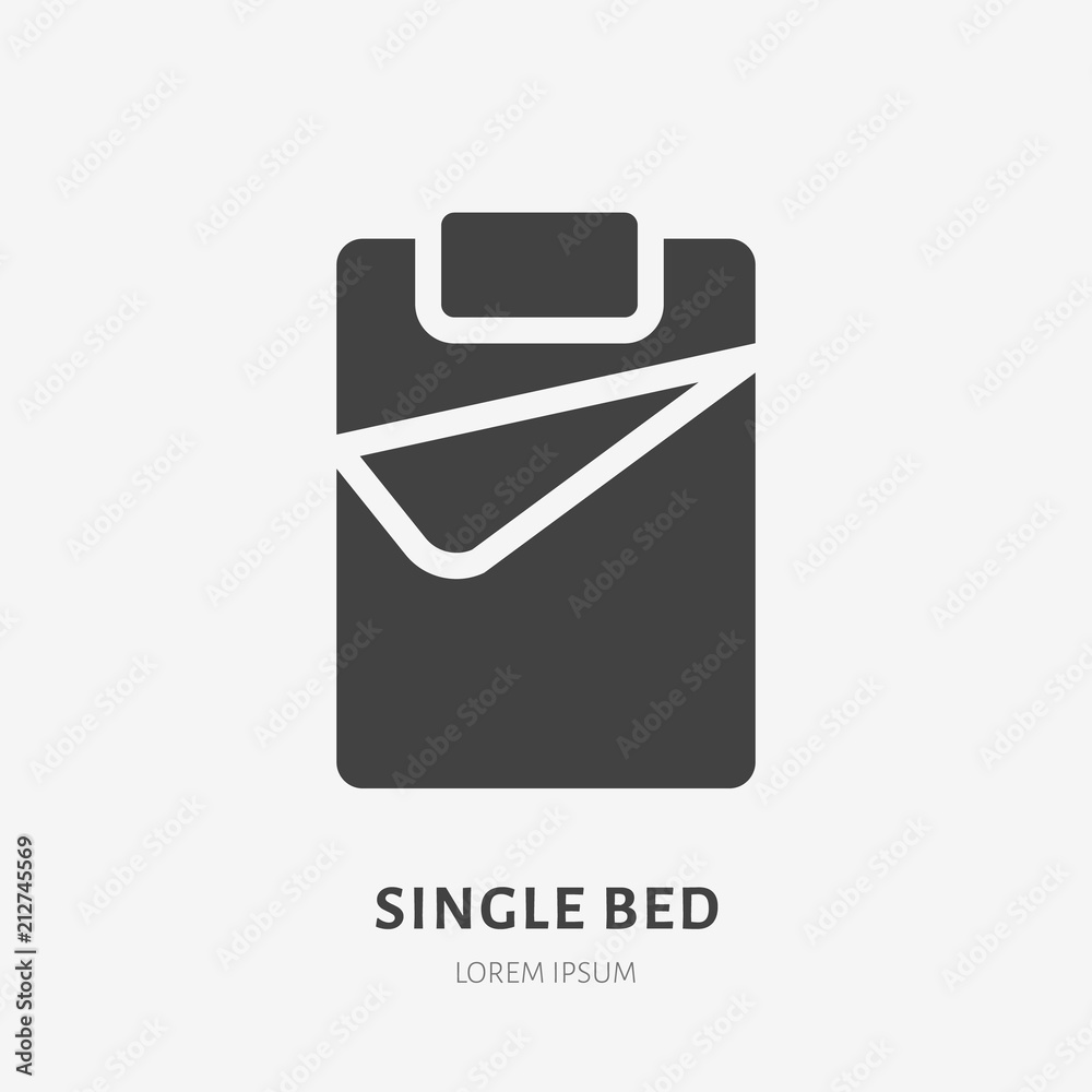Single bed flat glyph icon. Bedding sign. Solid silhouette logo for ...