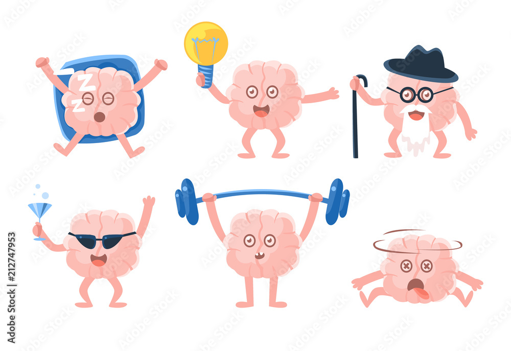 Flat vector set of funny humanized brains with arms and legs in ...