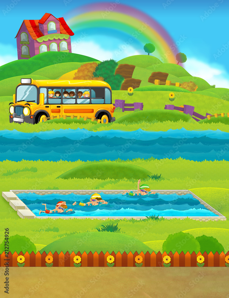 cartoon scene with kids swimming in a pool and other watching from ...