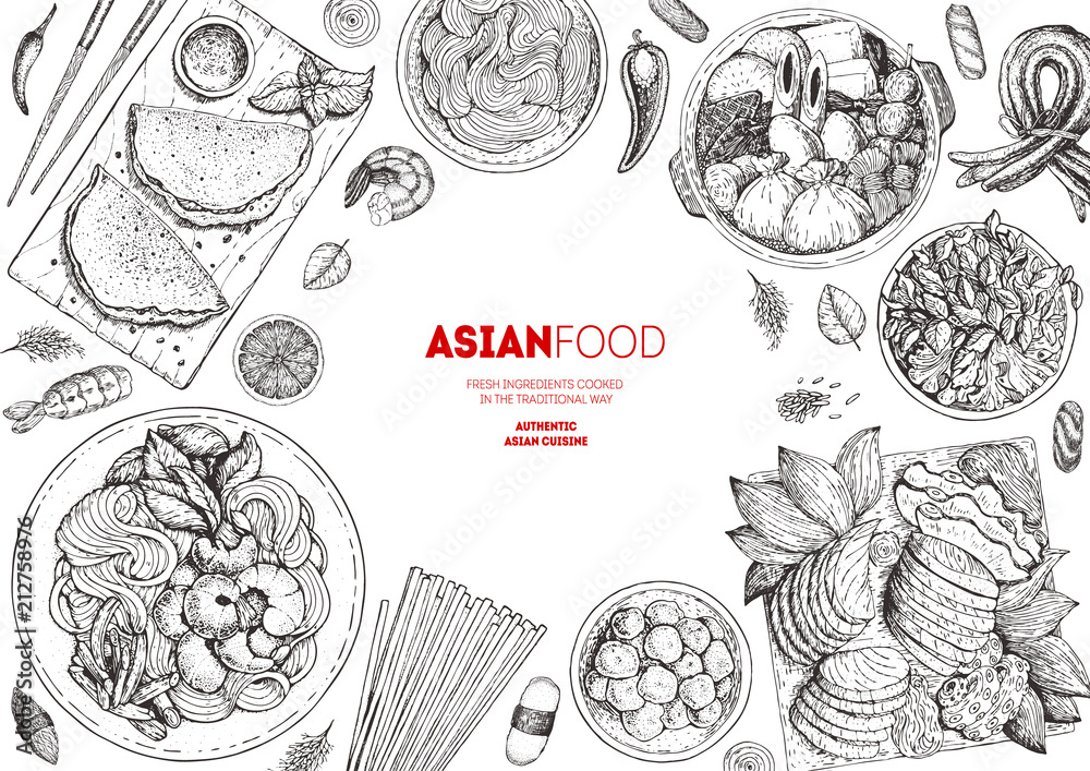 Asian cuisine sketch collection. Hand drawn vector illustration. Food ...