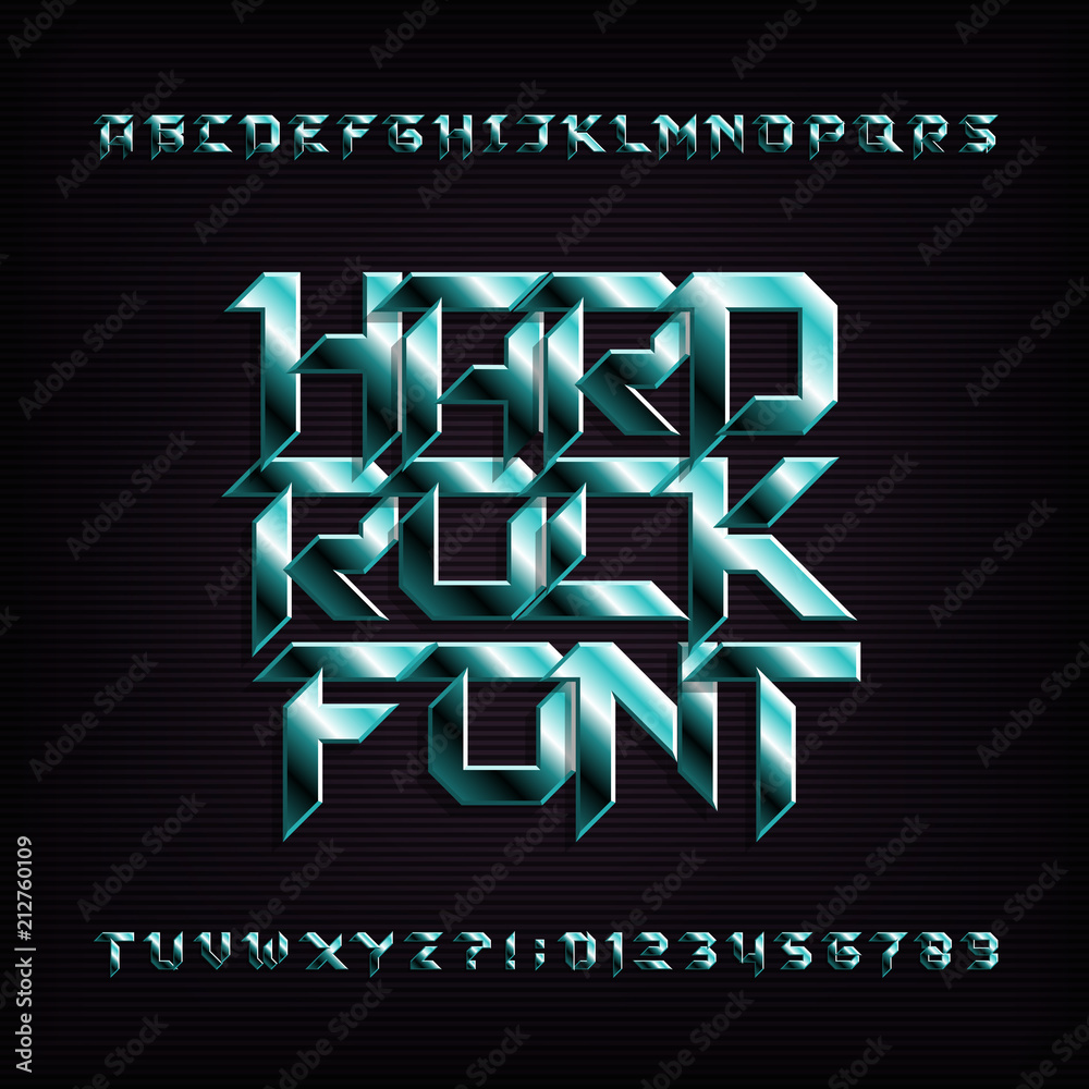 Hard rock alphabet font. Metal effect beveled letters, numbers and ...