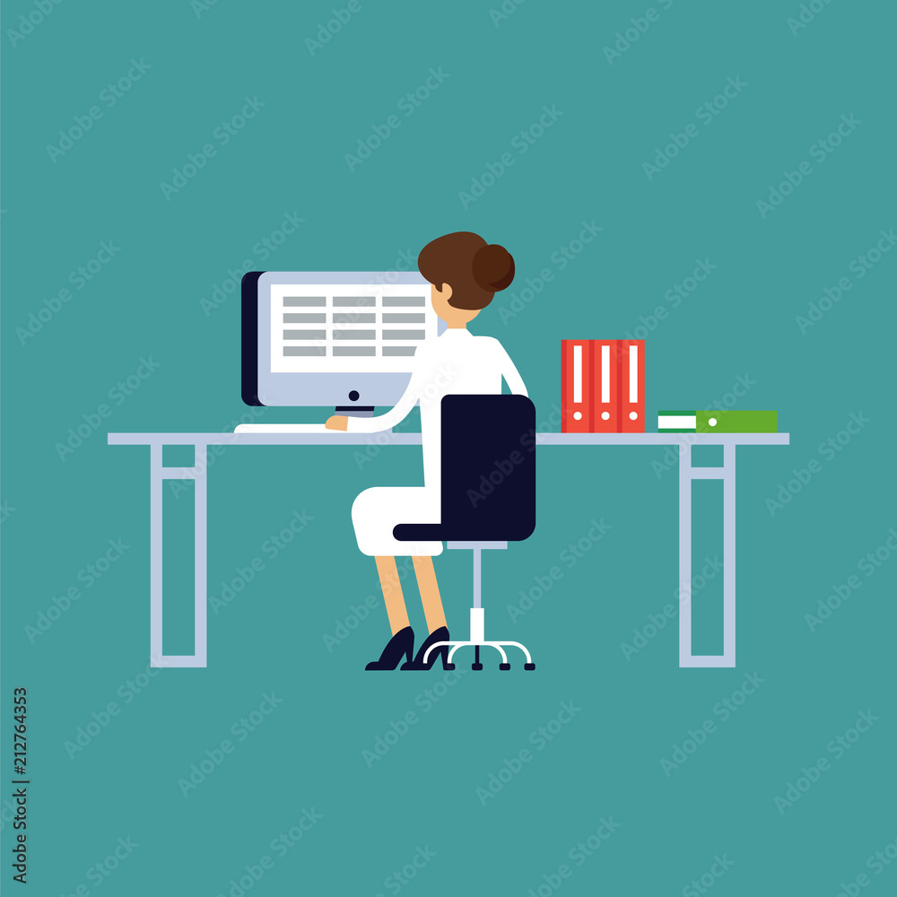 Cool vector flat character design on office business woman working in ...