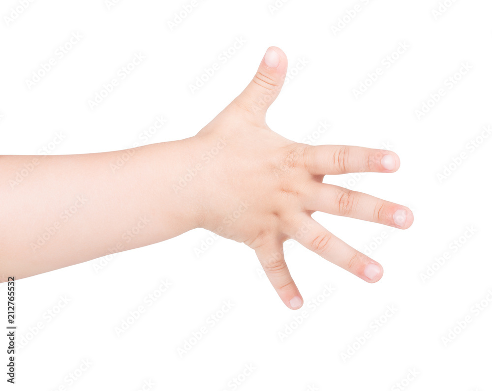 Child's hand showing gesture. The child's hand is open and showing five ...