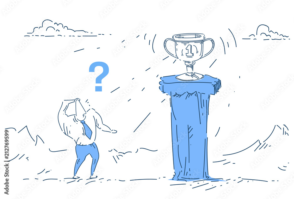 businessman standing question mark pillar champion cup trophy number ...