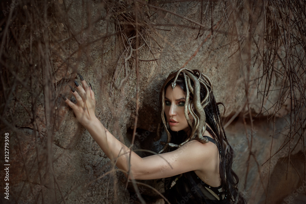 Image of Gorgon Medusa, braid hair and gold snakes, close-up portrait ...