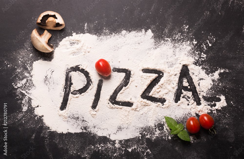 Pizza concept. Lettering. Word Pizza on flour. Top view. Stock Photo ...