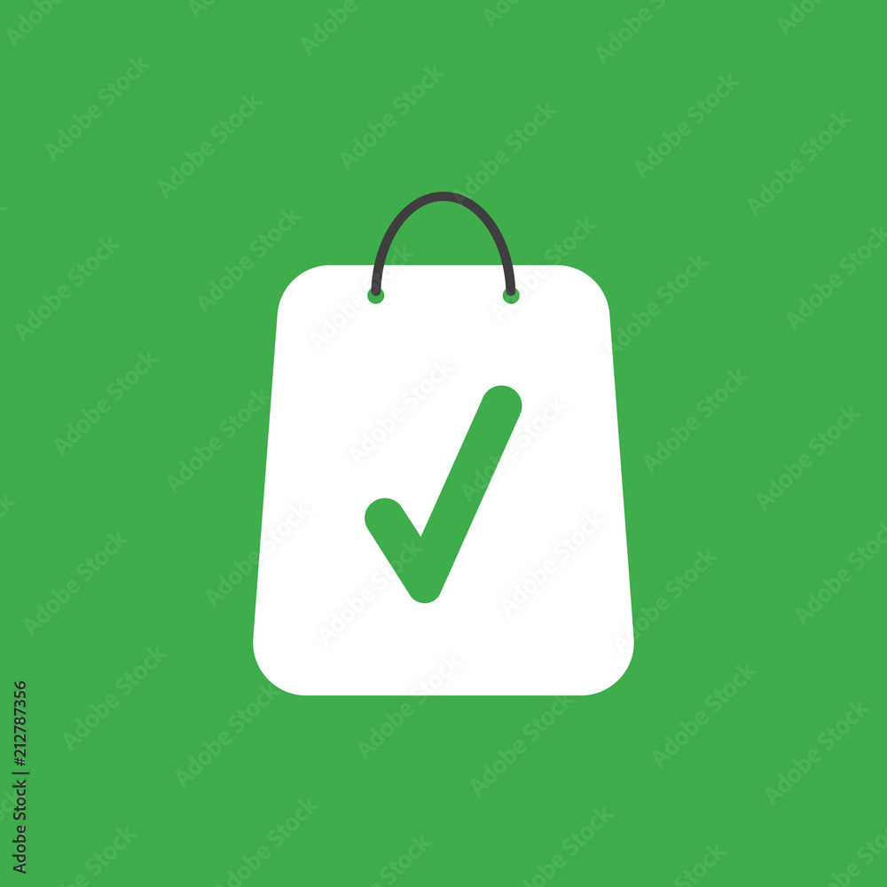 Vector icon concept of shopping bag with check mark on green background ...