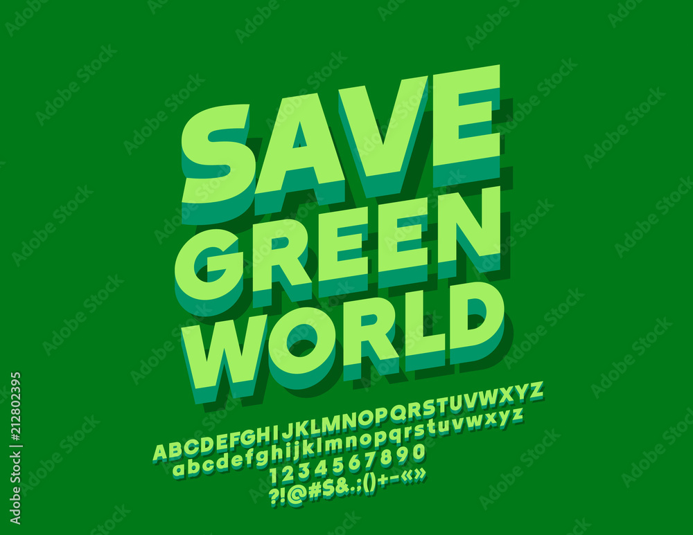Vector emblem Save Green Word. Eco modern Font. 3D minimalistic ...
