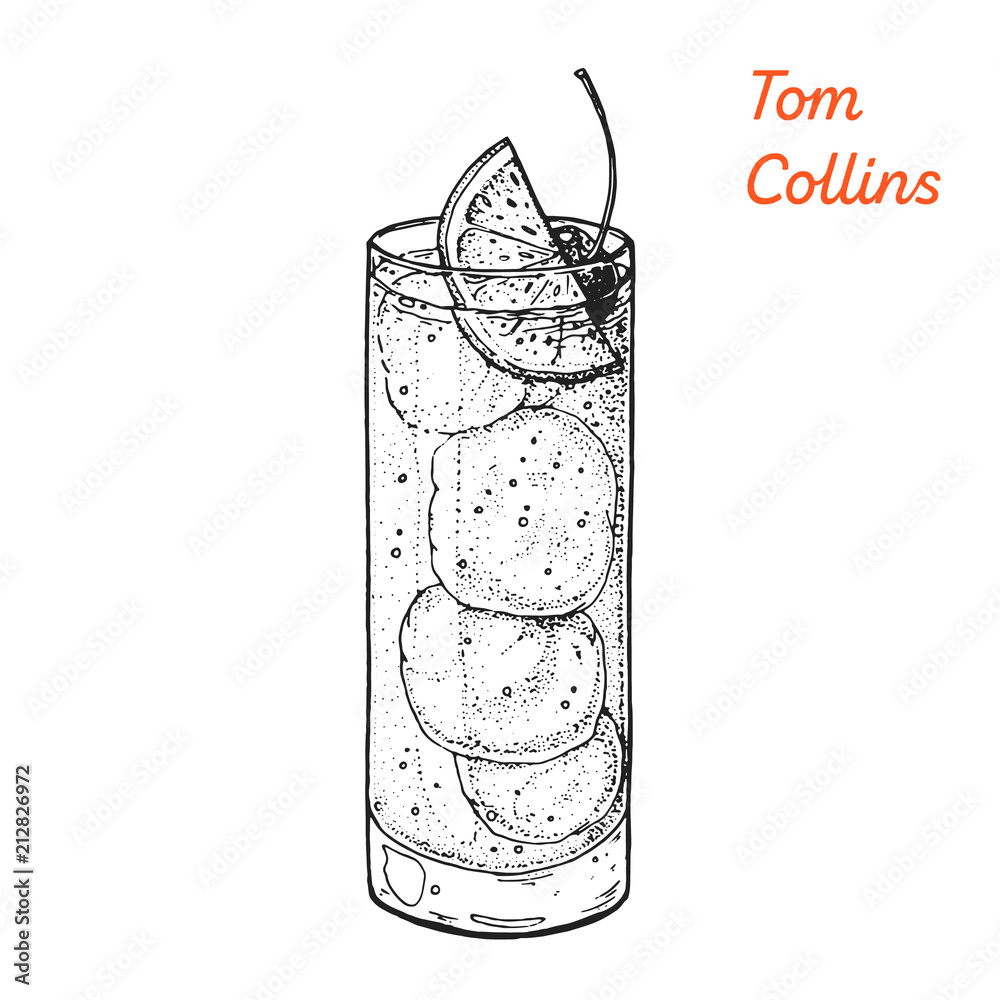Tom Collins cocktail illustration. Alcoholic cocktails hand drawn ...