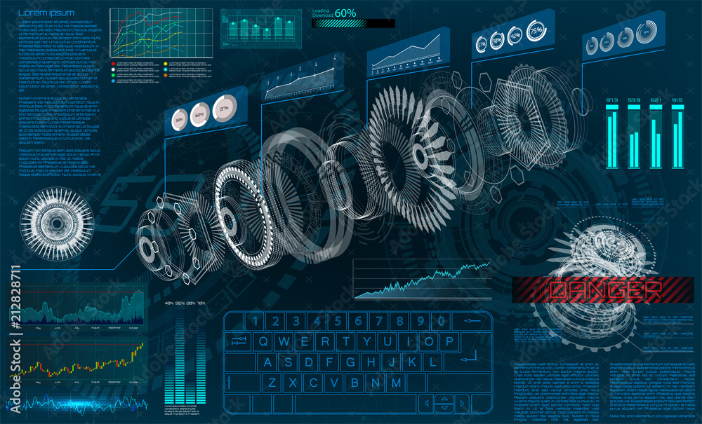 HUD UI for business app. Futuristic 3d isometric jet engine, mechanism ...
