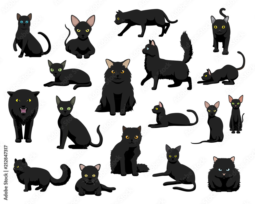 Cute Various Black Cat Cartoon Vector Illustration Stock Vector | Adobe ...