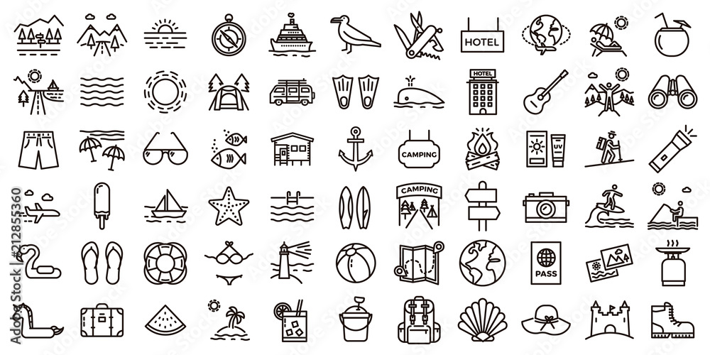 Big summer vacations icon set. Vector thin line illustrations with ...