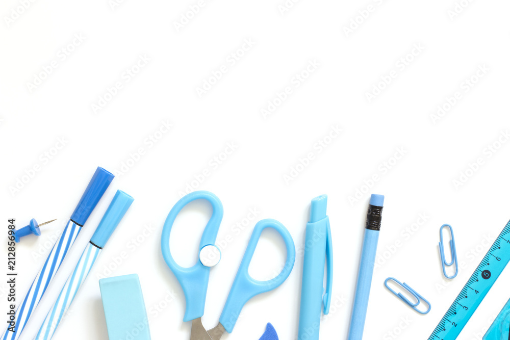 Blue school supplies on white desk.Back to school background Stock ...
