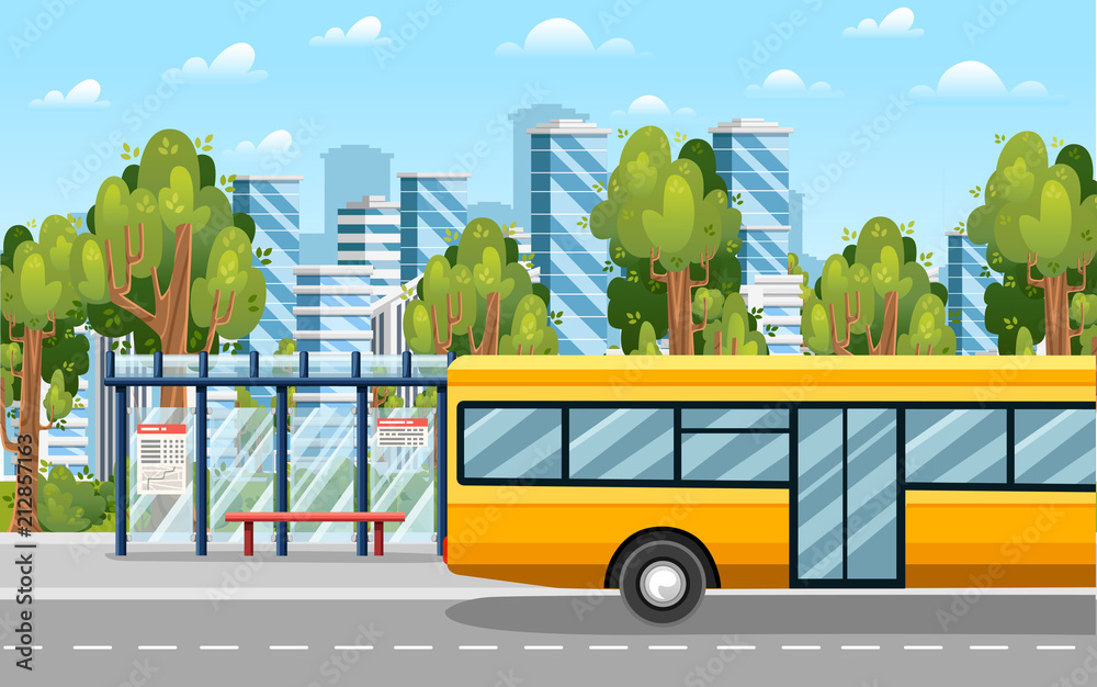 Rural landscape with road, bus stop and bus. Green trees and modern ...