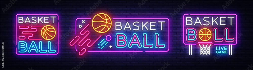 Basketball neon sign collection vector. Basketball Design template neon ...