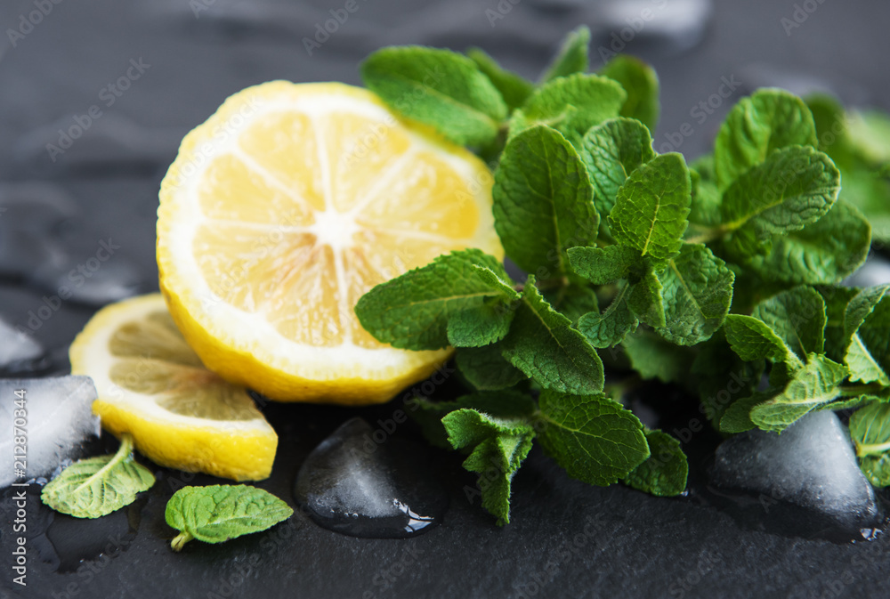 Green mint with lemon and ice Stock Photo | Adobe Stock