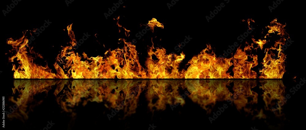 Real line of fire flames with reflection isolated on black background ...