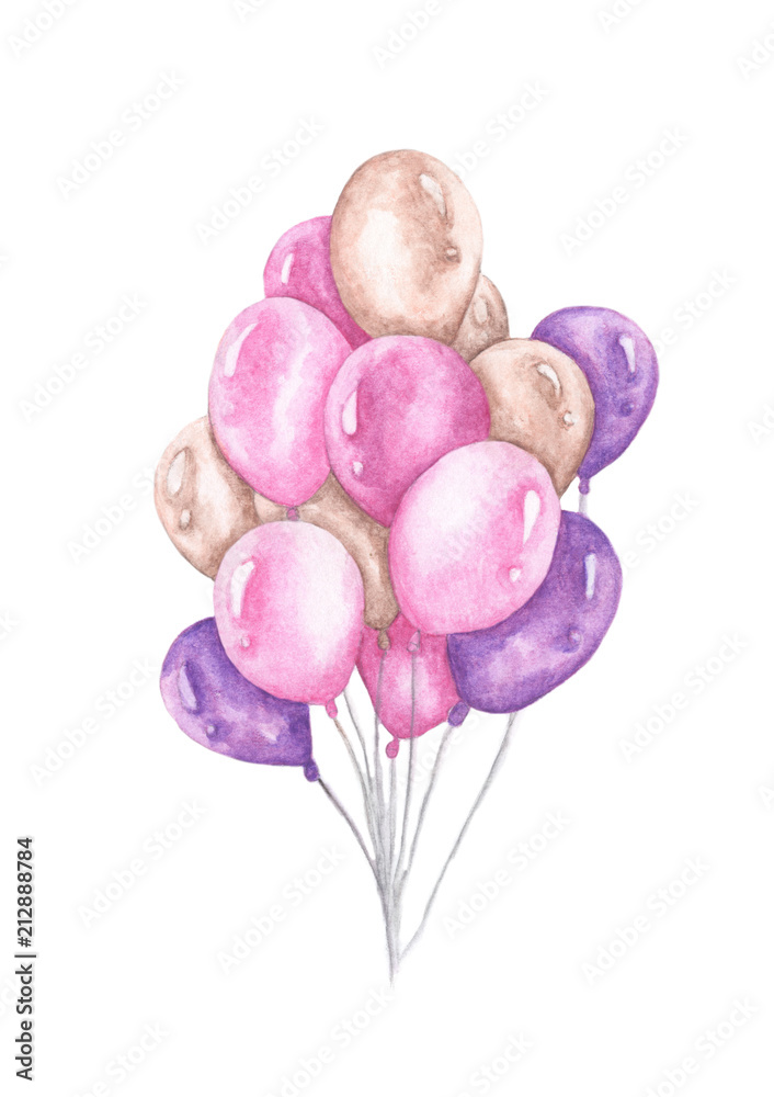Watercolor bunch of colorful balloons isolated on white background ...