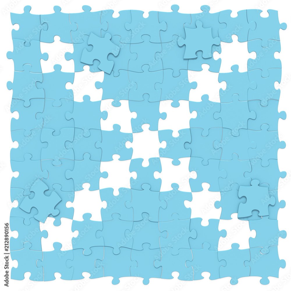Jigsaw puzzles blue color assembled like capital letter X on white ...