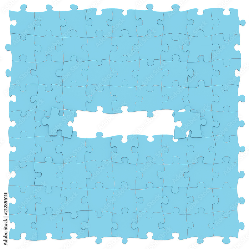Blue jigsaw puzzles assembled like mathematical operation symbol minus ...