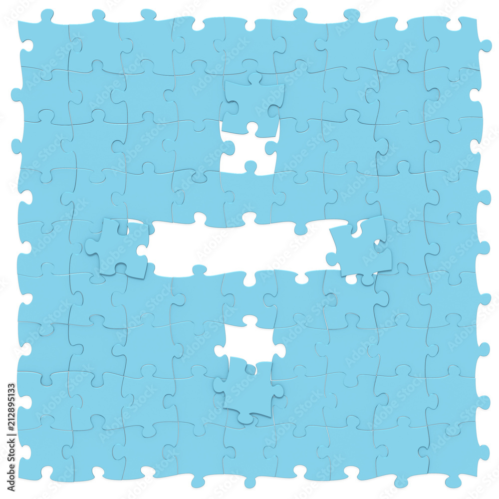 Blue jigsaw puzzles assembled like mathematical operation symbol of ...