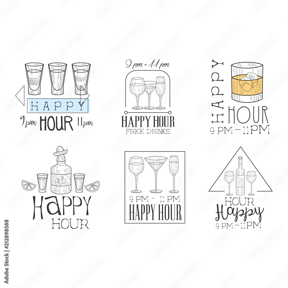 Vector set of promotional cocktail bar signs. Sketch style emblems with ...