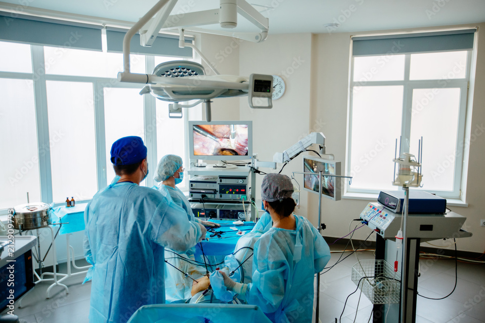 Póster Back view of surgeons team looks at monitors while preforming ...