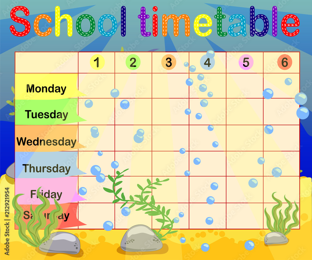 Design of the school timetable for kids. Bright underwater background ...