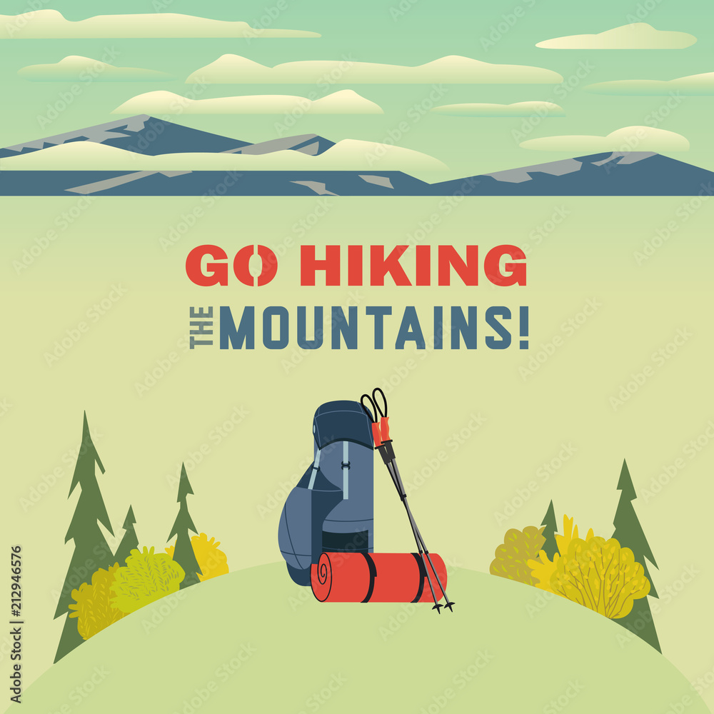 Hiking equipment icon. Go on a hike slogan. Time hiking the mountains ...