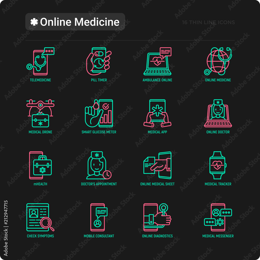 Online medicine, telemedicine thin line icons set: pill timer ...