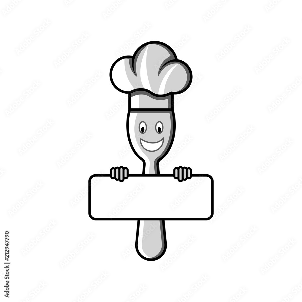 Cartoon smiling chef spoon holding in hands blank banner with chef hat ...