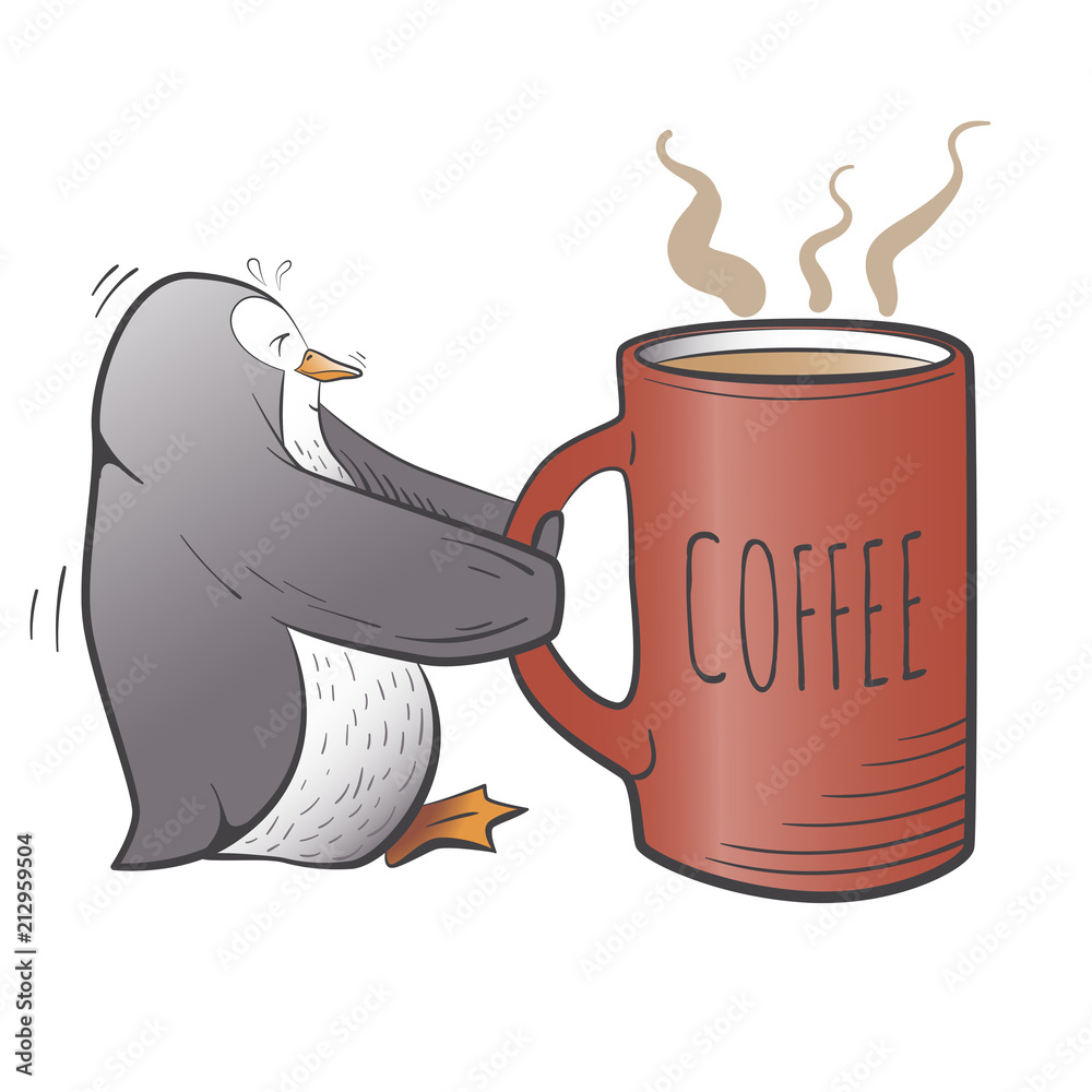 Cute penguin cartoon character dragging a cup of coffee; red cup of ...