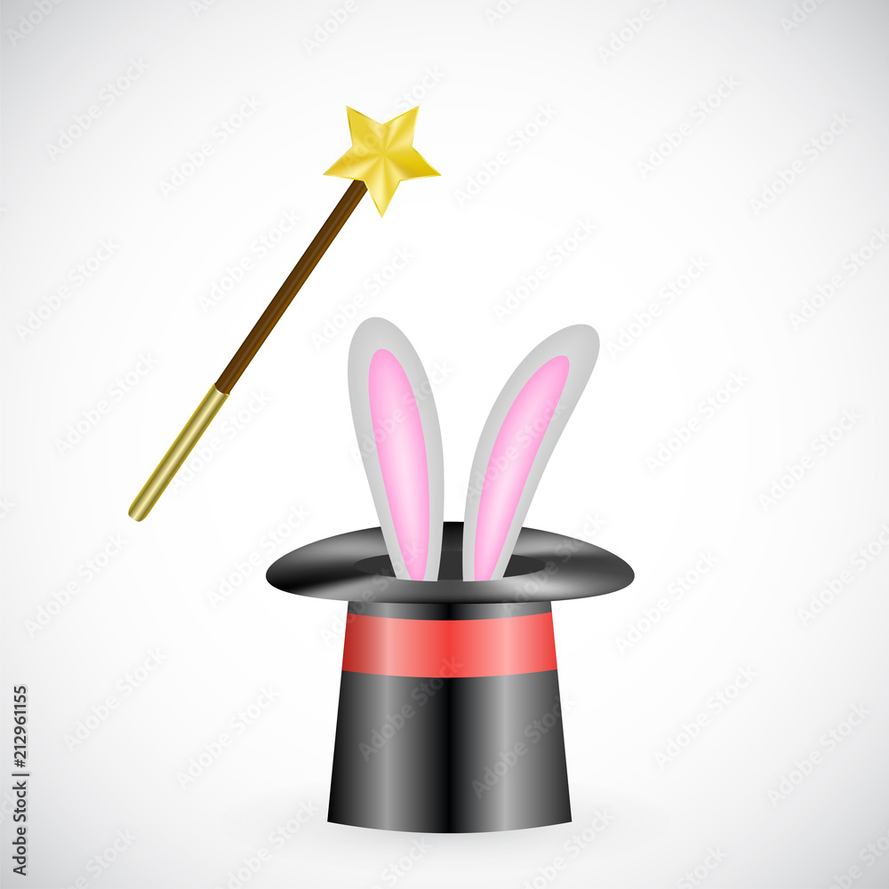 Magician hocus pocus with bunny rabbit sitting in the hat with a wizard ...