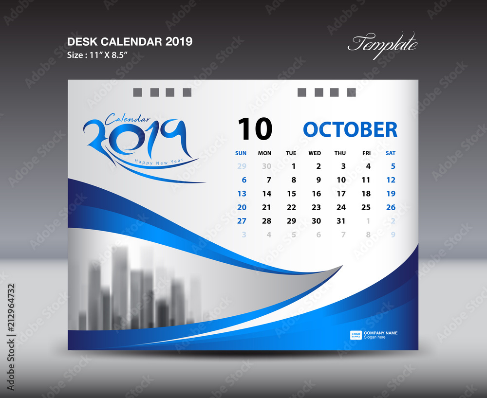 OCTOBER Desk Calendar 2019 Template, Week starts Sunday, Stationery ...