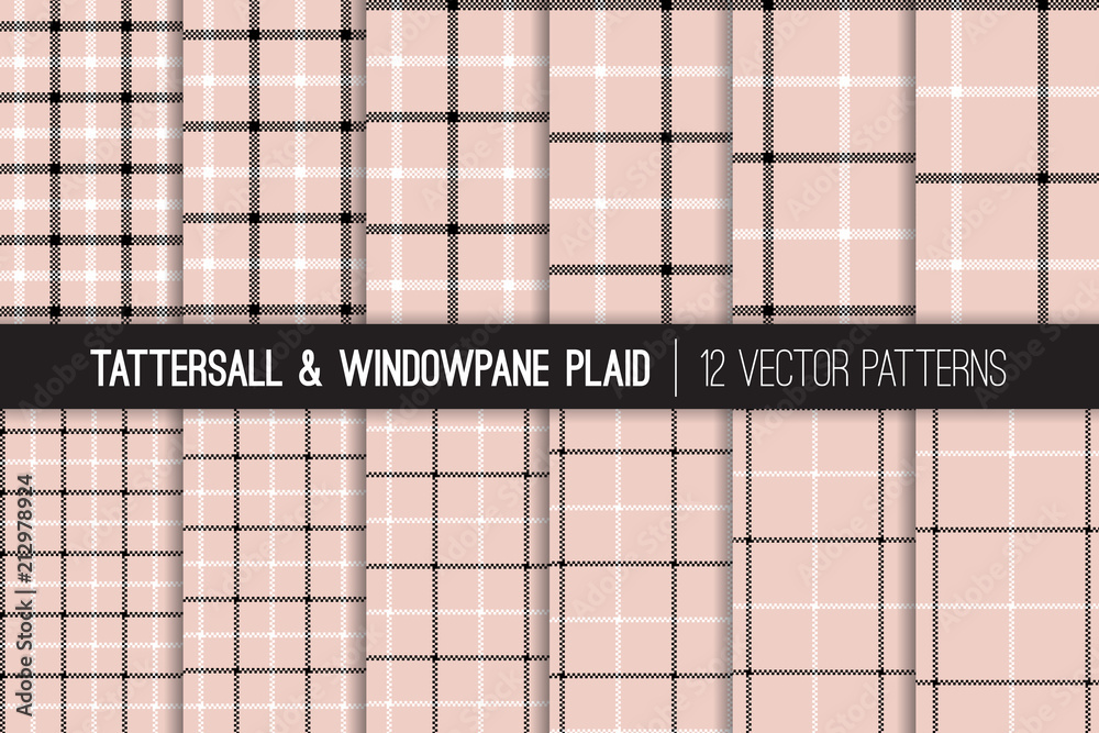 Pink, Black and White Tattersall & Windowpane Plaid Vector Patterns ...