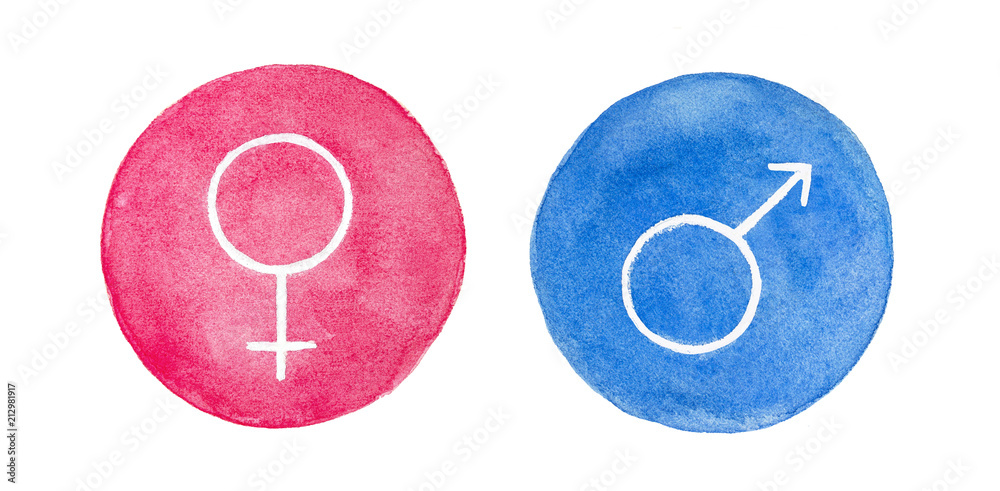 Watercolour set of female and male gender symbols. Round shape ...