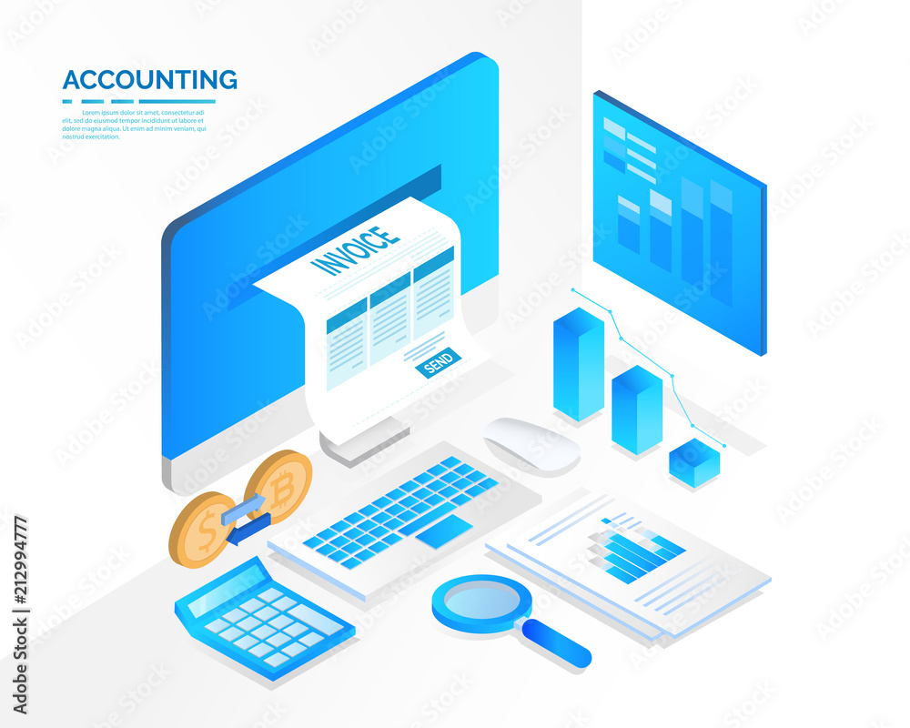 accounting system, isometric blue light concept. there are computer ...