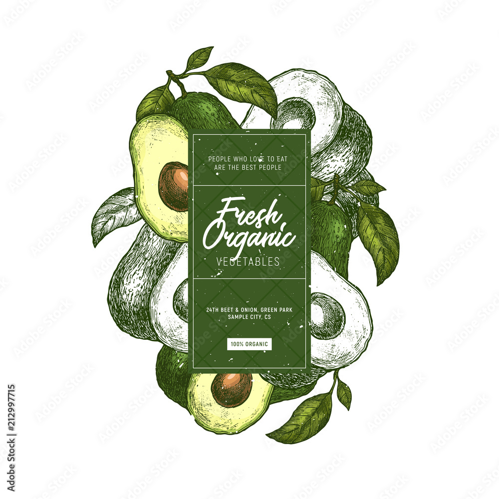 Avocado design template. Organic vegetables. Vector illustration Stock ...