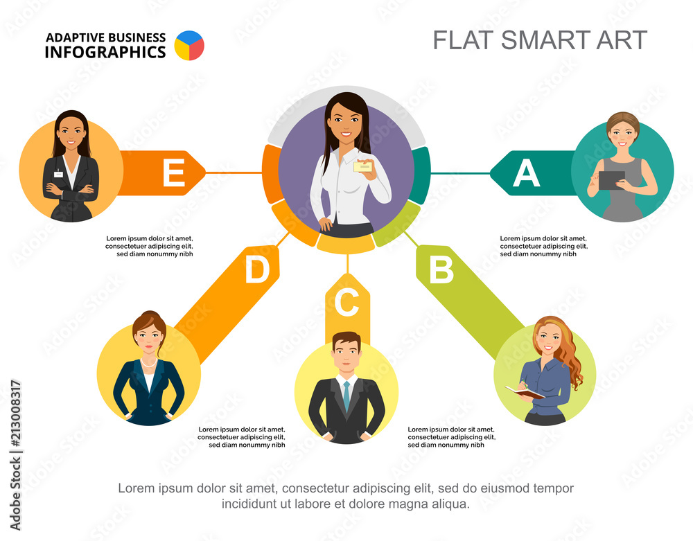 Five employees process chart template for presentation. Vector ...