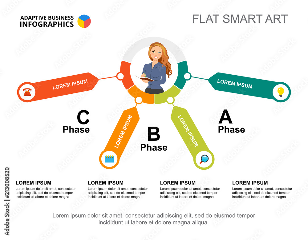 Three phases process chart template for presentation. Business data ...