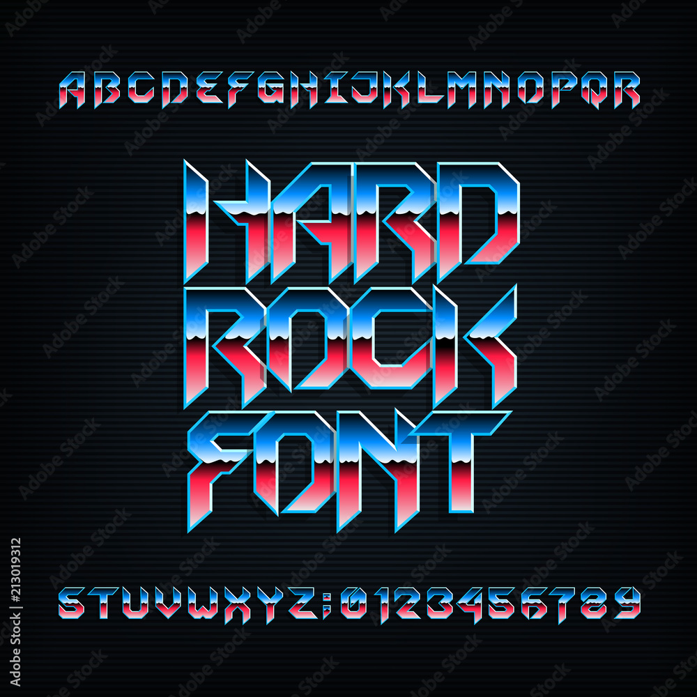 Hard rock alphabet font. Metal effect beveled colorful letters, numbers ...