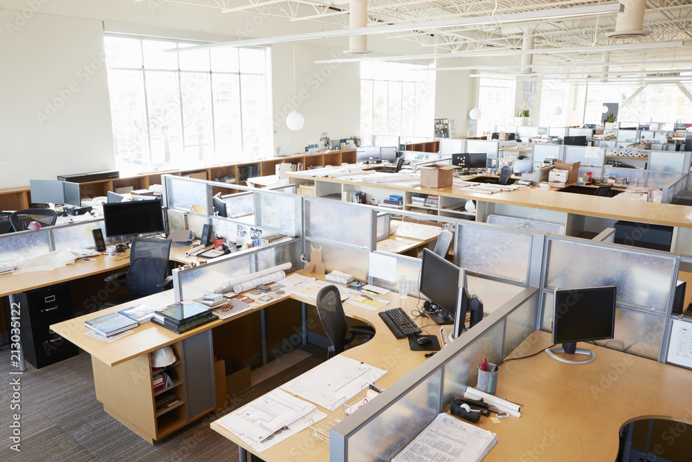Partitioned computer workstations in an open plan office Stock Photo ...
