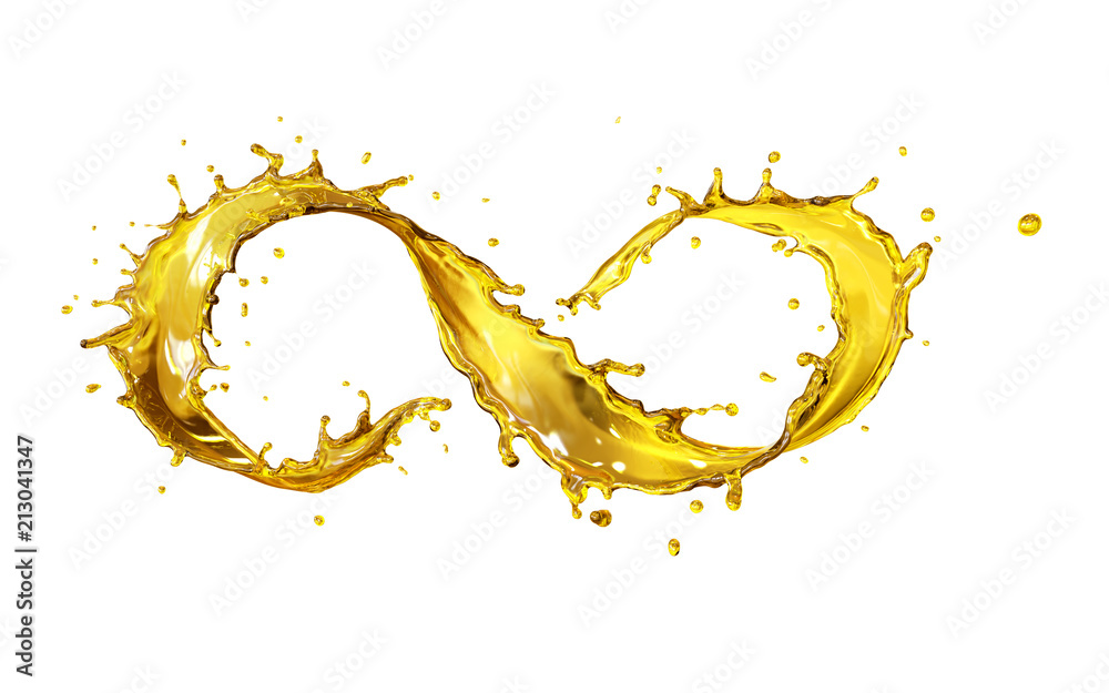 Olive or engine oil, Golden liquid pouring in form of infinity symbol ...