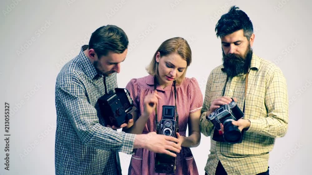Group of people with old cameras. Concept of the camera. Guys and girl ...